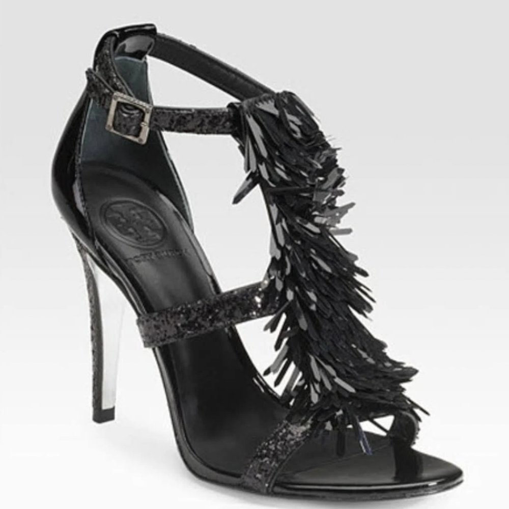 Tory Burch Black Evelyn Sequin Fringe Heels - Gem